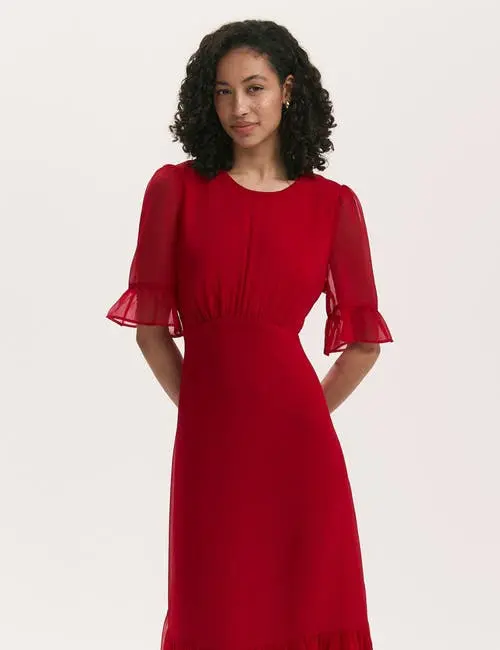 FINERY LONDON Jennifer Short Sleeve Chiffon Midi Dress - Red