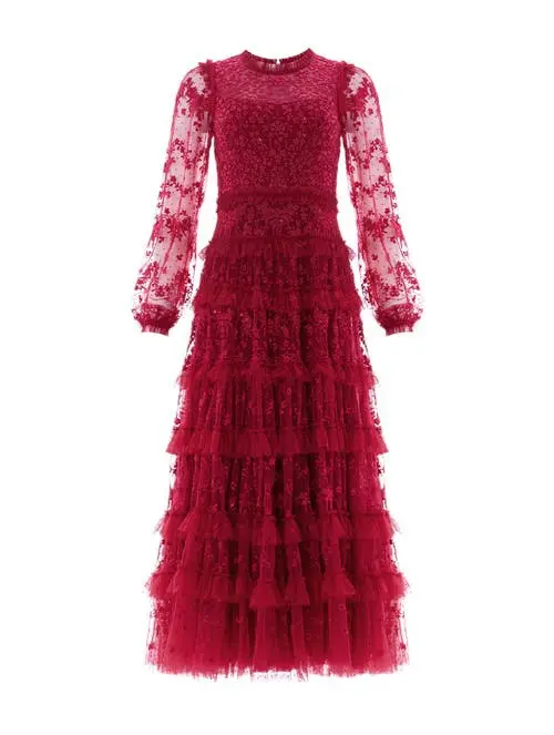 NEEDLE & THREAD Blossom Lace Ankle Gown - Red