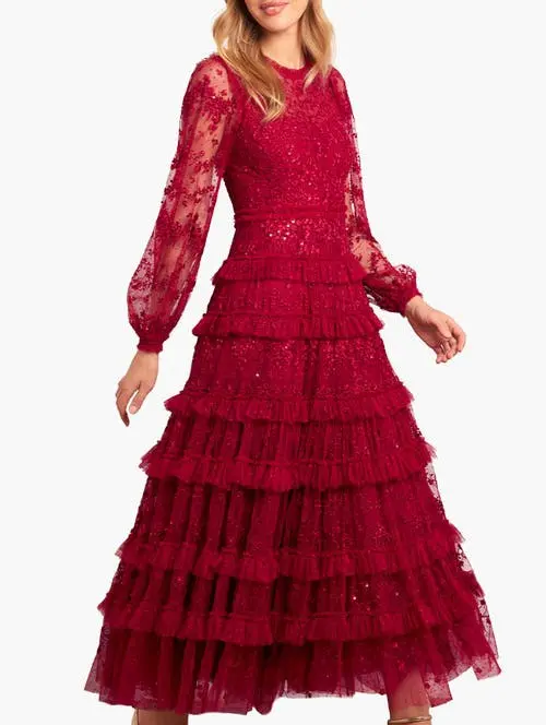NEEDLE & THREAD Blossom Lace Ankle Gown - Red