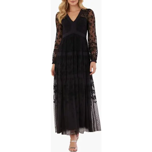NEEDLE & THREAD Celestia Ribbon Long Sleeve V-neck Gown - Graphite