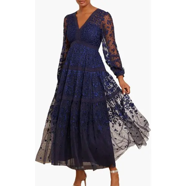 NEEDLE & THREAD Celestia Ribbon Long Sleeve V-neck Gown - Navy