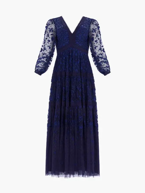 NEEDLE & THREAD Celestia Ribbon Long Sleeve V-neck Gown - Navy