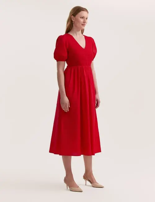 FINERY LONDON Jamilla Short Sleeve Cotton Midi Dress - Red