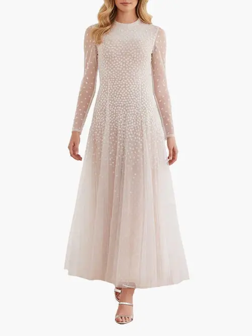 NEEDLE & THREAD Sequin Cascade Round Neck Gown - Cream/butterscotch
