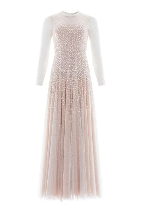 NEEDLE & THREAD Sequin Cascade Round Neck Gown - Cream/butterscotch