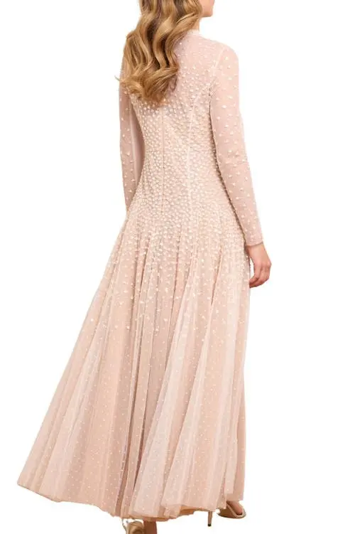 NEEDLE & THREAD Sequin Cascade Round Neck Gown - Cream/butterscotch