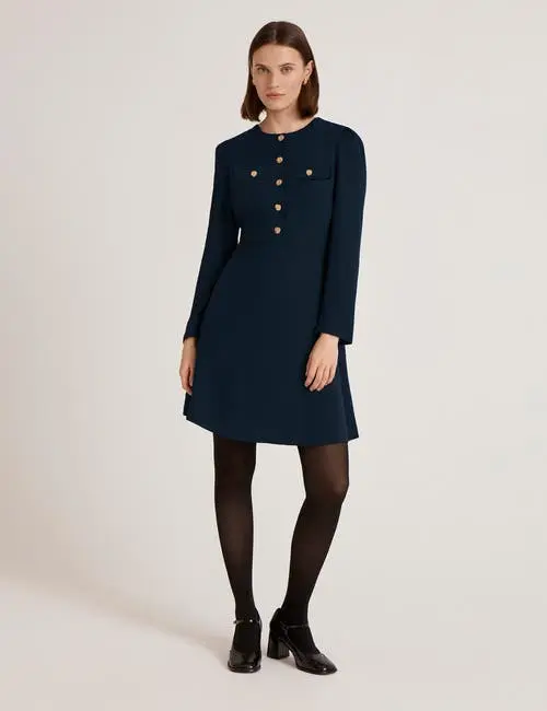 FINERY LONDON Evie Long Sleeve Crepe Dress - Navy