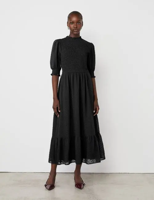 FINERY LONDON Amelia 3/4 Sleeve Chiffon Midi Dress - Black