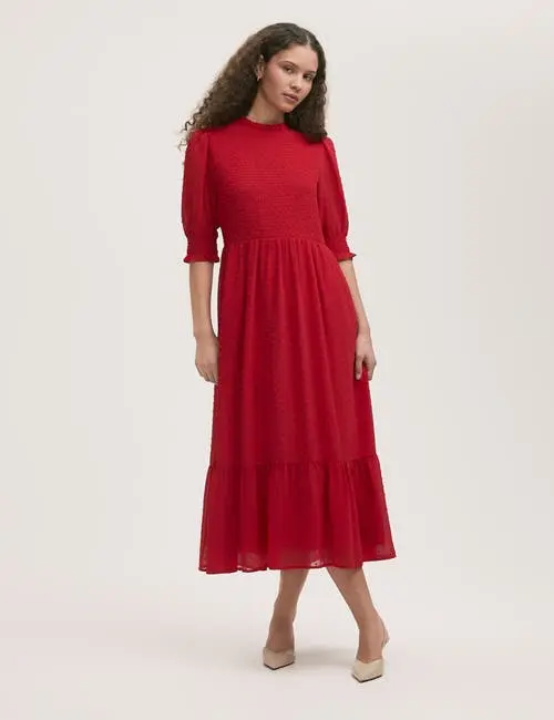 FINERY LONDON Amelia 3/4 Sleeve Chiffon Midi Dress - Red