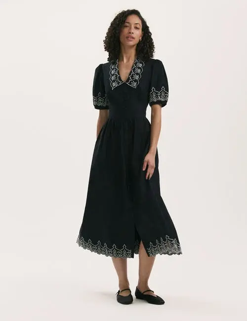 FINERY LONDON Arianna Embroidered Cotton Midi Dress