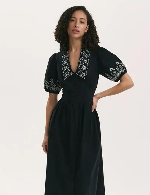FINERY LONDON Arianna Embroidered Cotton Midi Dress