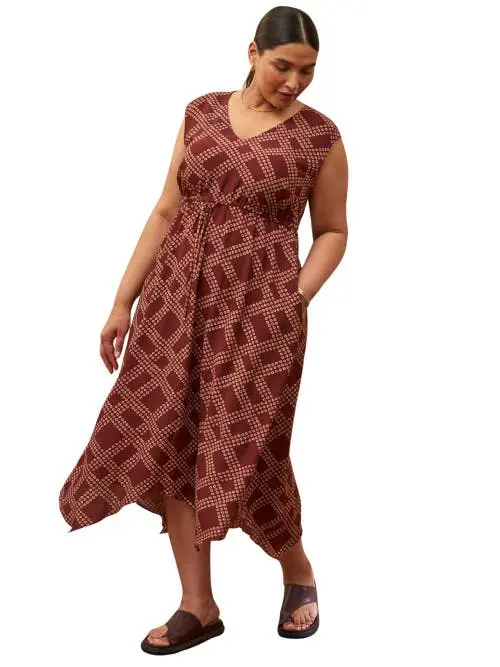 LIVE UNLIMITED Geo Print V-neck Hanky Hem Dress - Brown