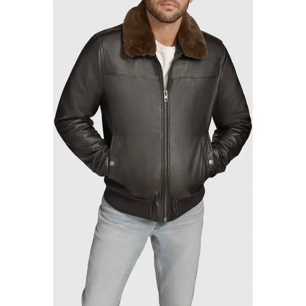 Andrew Marc Hedland Shearling Collar Lambskin Leather Aviator Jacket