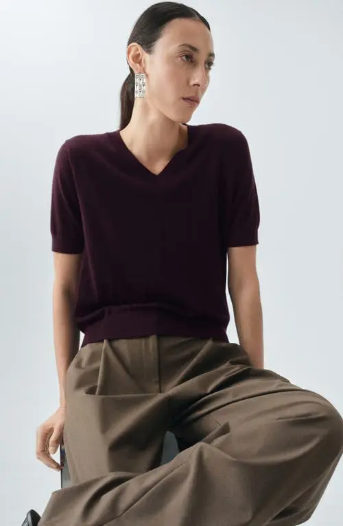 Mango V-neck Short Sleeve Wool Sweater - Wine