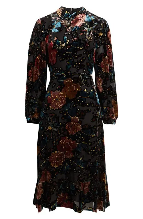 Elie Tahari Becca Long Sleeve Floral Velvet Burnout Midi Dress -  Black/Birds Of Paradise | Editorialist