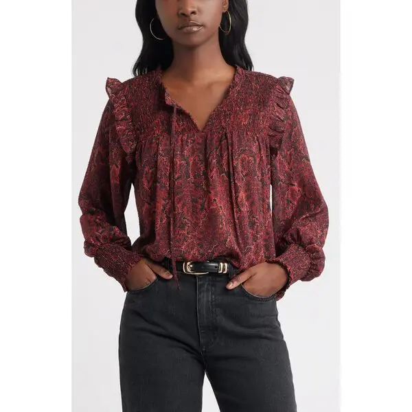 Treasure & Bond Smock Yoke Floral Print Top - Black- Red Gemma Medallion