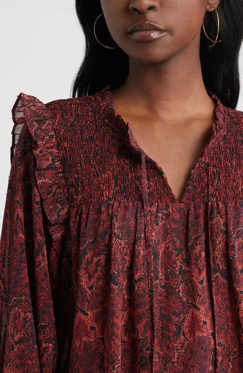 Treasure & Bond Smock Yoke Floral Print Top - Black- Red Gemma Medallion