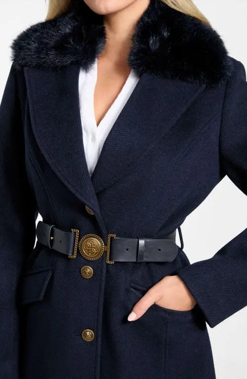 Guess Belted Coat With Faux Fur Collar