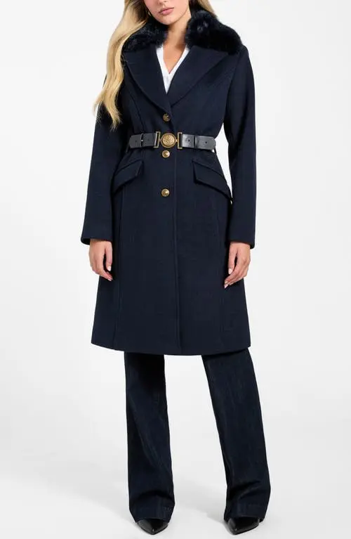 Guess Belted Coat With Faux Fur Collar