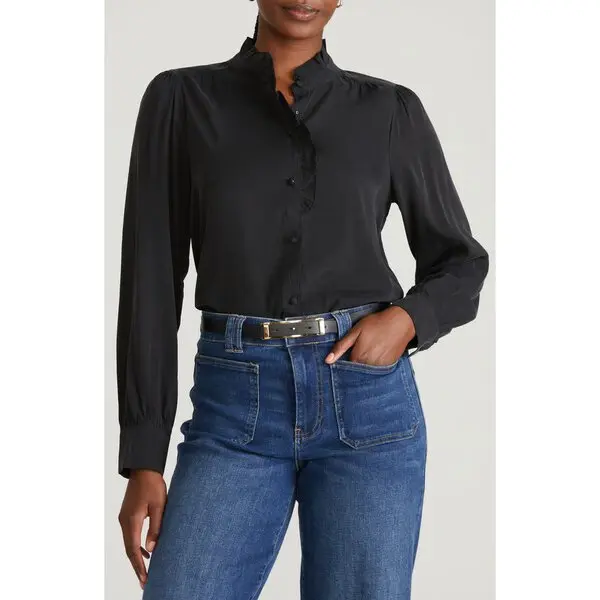 Universal Standard Endora Ruffle Trim Button-up Shirt - Black