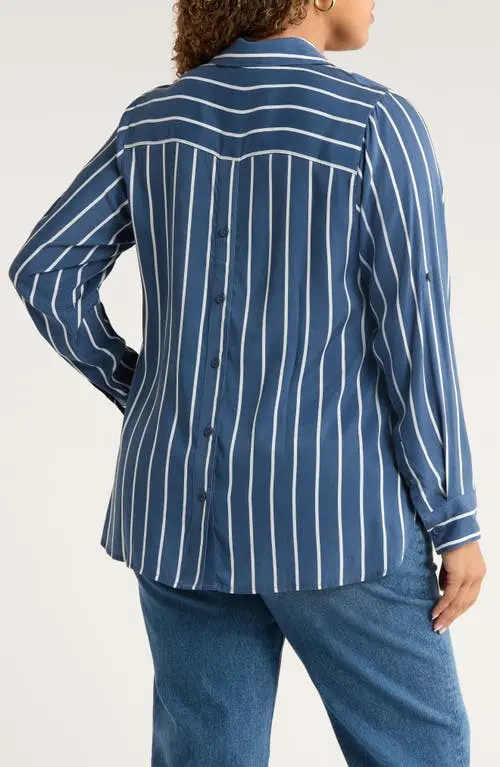 Universal Standard Button Back Stripe Johnny Collar Popover Shirt