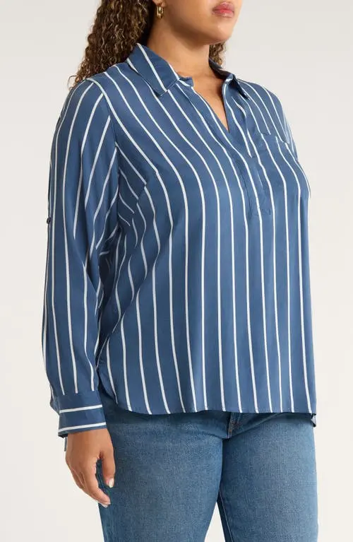 Universal Standard Button Back Stripe Johnny Collar Popover Shirt