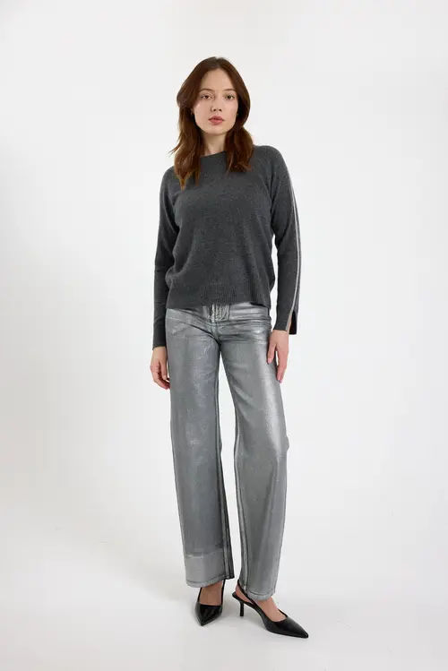 BRODIE CASHMERE Crew Neck Cashmere Sweater With Split Cuffs - Derby Grey