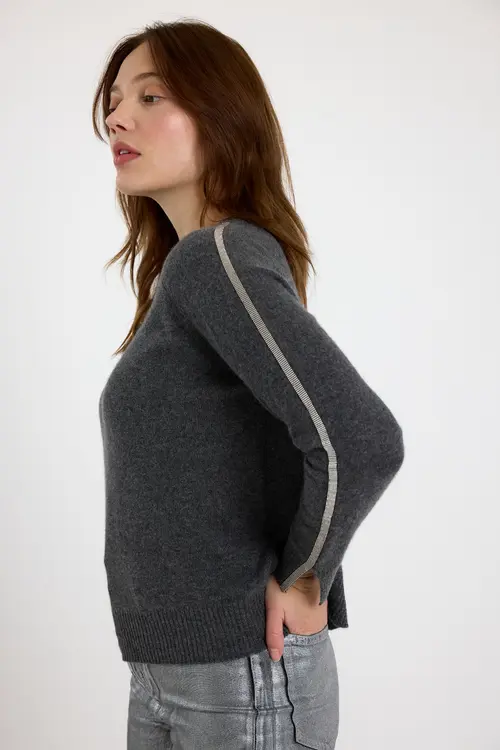 BRODIE CASHMERE Crew Neck Cashmere Sweater With Split Cuffs - Derby Grey