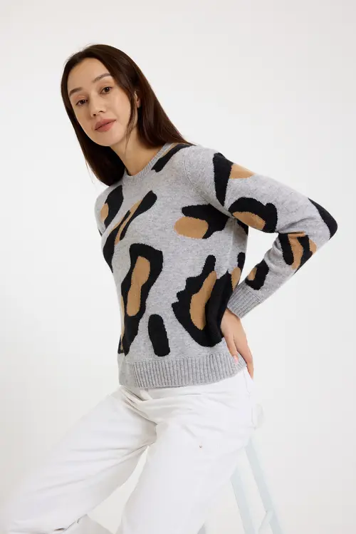 BRODIE CASHMERE Abstract Leopard Print Cashmere Crew Neck Sweater