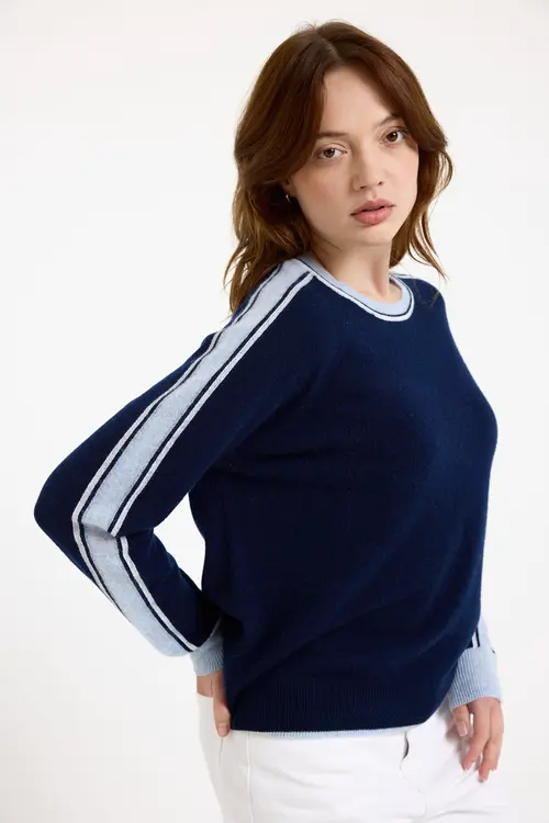 BRODIE CASHMERE Long Sleeve Sweater With Striped Detailing - Navy