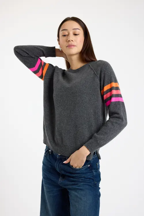 BRODIE CASHMERE Annie Stripe Crew Neck Cashmere Sweater - Derby Grey