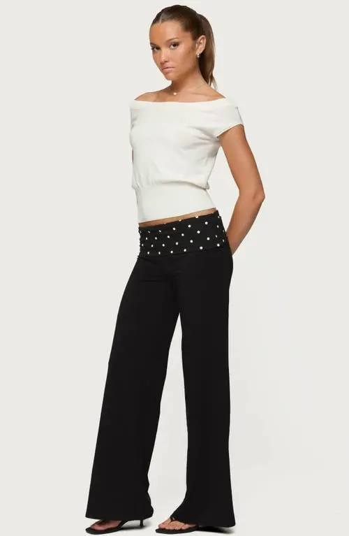 EDIKTED Polka Dot Foldover Knit Pants - Black