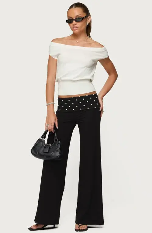 EDIKTED Polka Dot Foldover Knit Pants - Black