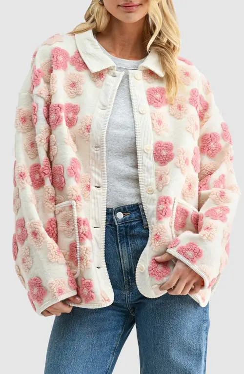 ALL IN FAVOR Floral High Pile Fleece Jacket - Cream Pink