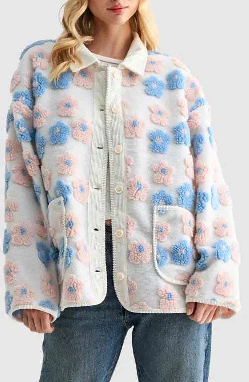 ALL IN FAVOR Floral High Pile Fleece Jacket - Ivory Blue Pink
