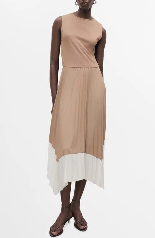 Mango Sleeveless Pleated Asymmetric Dress - Beige/white