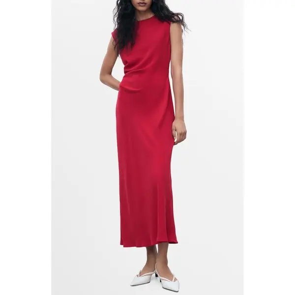 Mango Ruched Sleeveless Midi Dress - Red