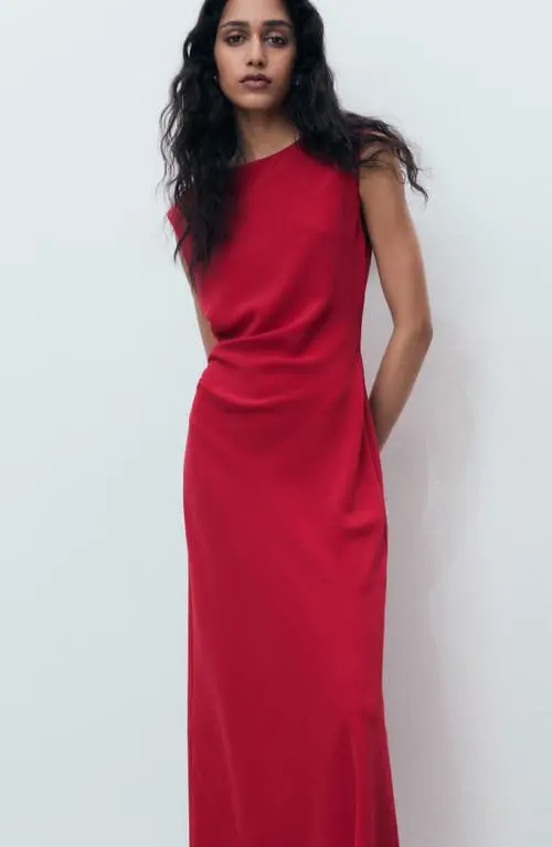 Mango Ruched Sleeveless Midi Dress - Red