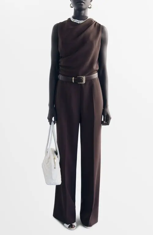 Mango Drape Belted Wide Leg Jumpsuit - Chocolate
