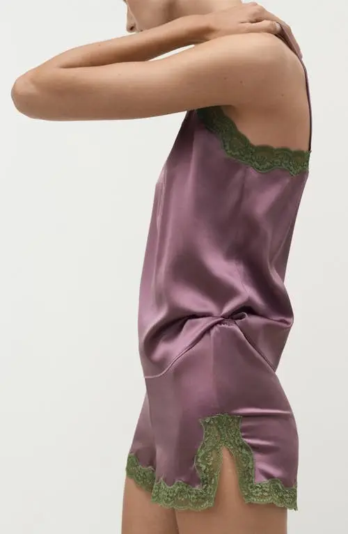 Mango Contrast Lace Trim Stretch Silk Pajama Shorts - Plum