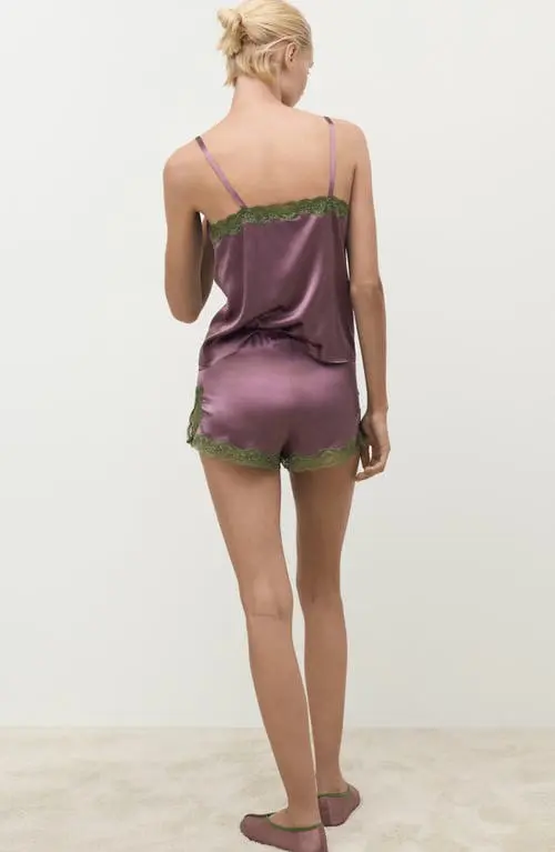Mango Contrast Lace Trim Stretch Silk Pajama Shorts - Plum