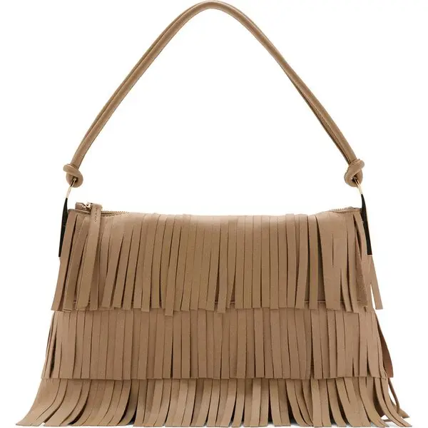 Mango Large Fringe Leather Shoulder Bag