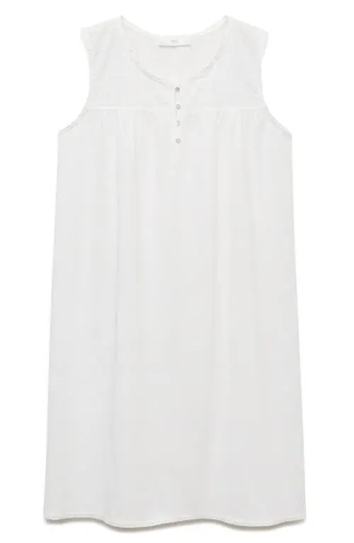 Mango Embroidered Eyelet Yoke Sleeveless Cotton Nightgown - White