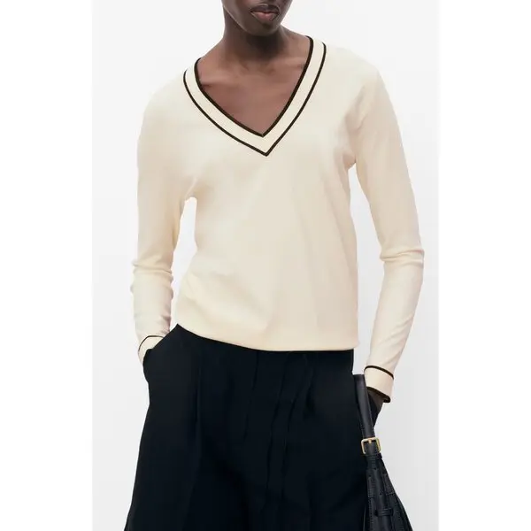 Mango Contrast V-neck Sweater - Ecru