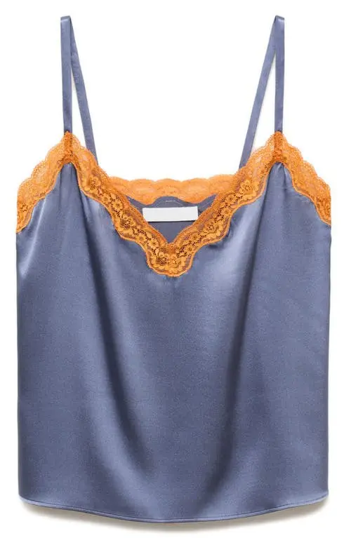 Mango Contrast Lace Silk Camisole - Ink Blue
