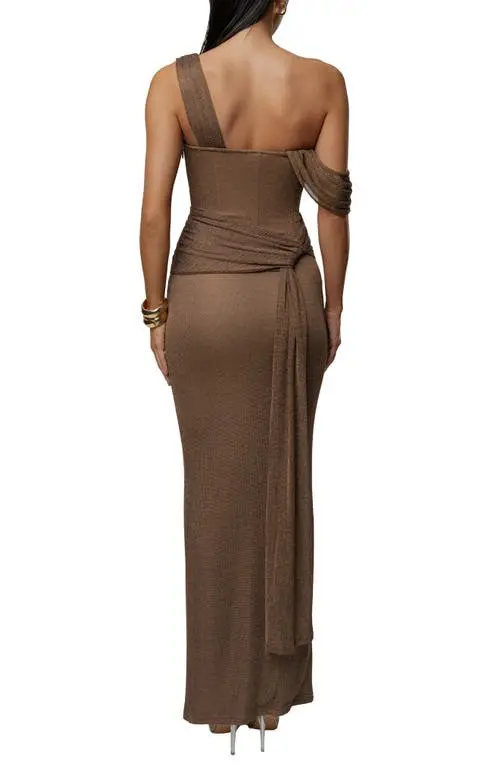 JLUXLABEL Drape Metallic One-shoulder Gown - Brown