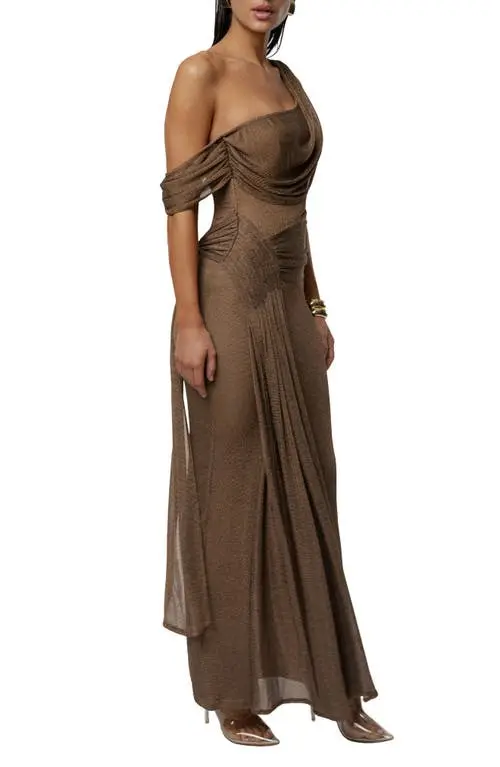 JLUXLABEL Drape Metallic One-shoulder Gown - Brown