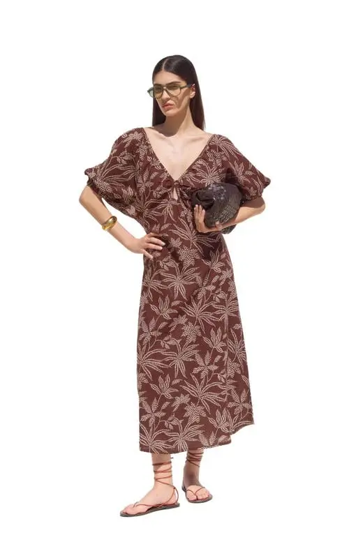 GOTTEX Terra Printed Puff Sleeve Midi Dress Cover-up - Multi-brown