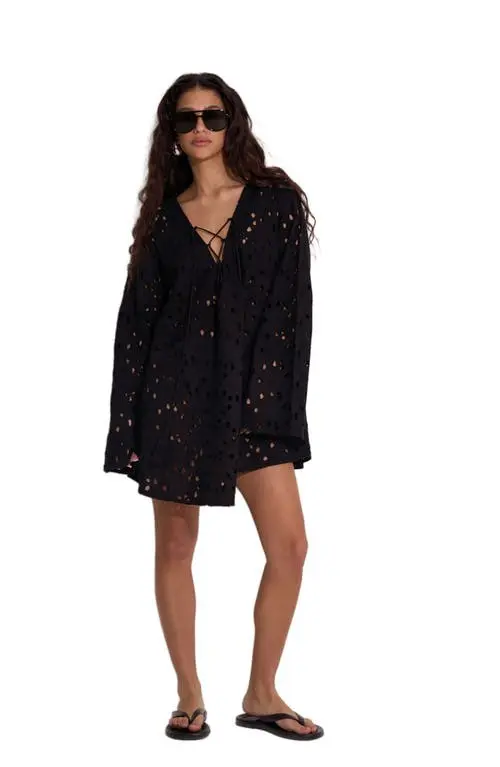 GOTTEX BEACH LIFE Coastal Lace Mini Dress Cover-up - Black