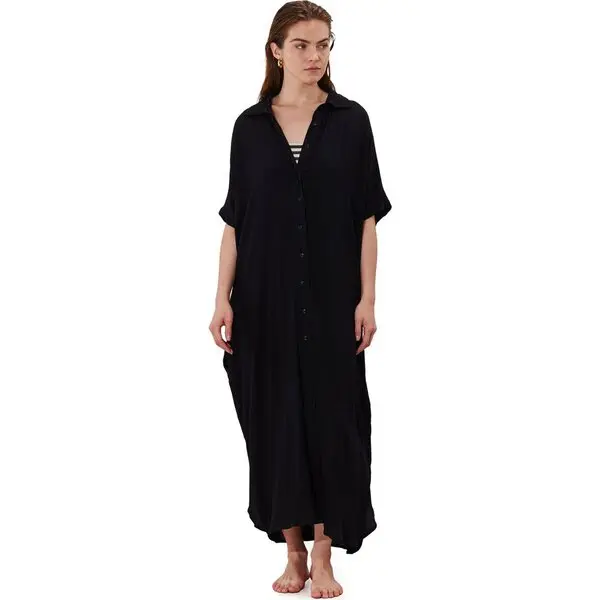 GOTTEX BEACH LIFE Solena Crêpe Oversized Shirt Dress Cover-up - Black